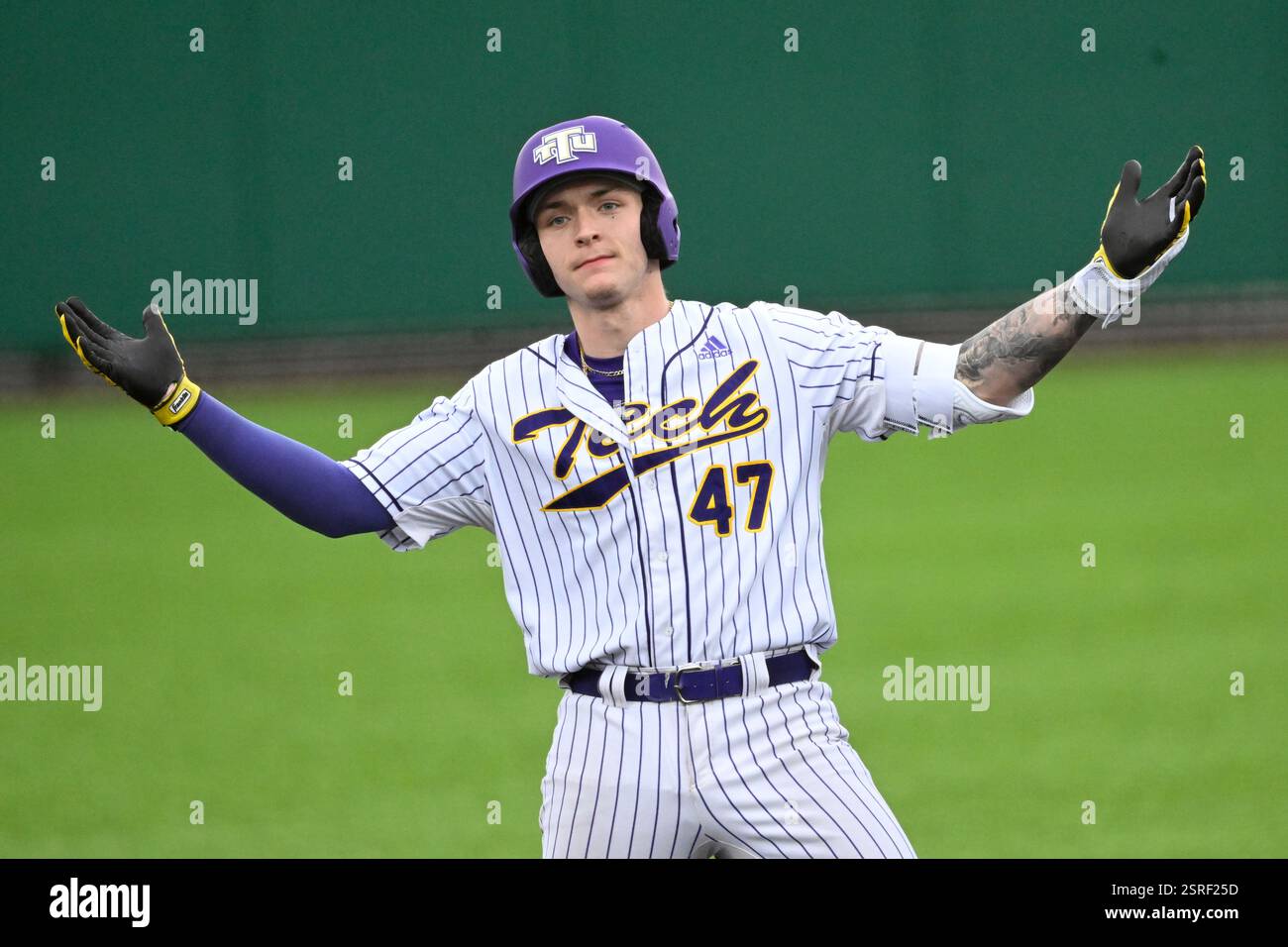 Tennessee Tech's Mack Whitcomb reacts to his double against Le Moyne in ...