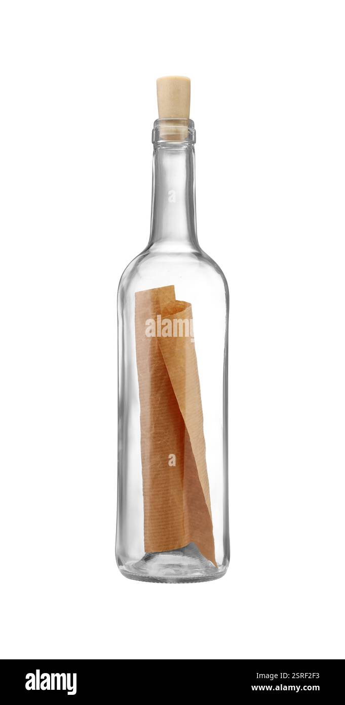 Corked glass bottle with rolled letter isolated on white Stock Photo ...