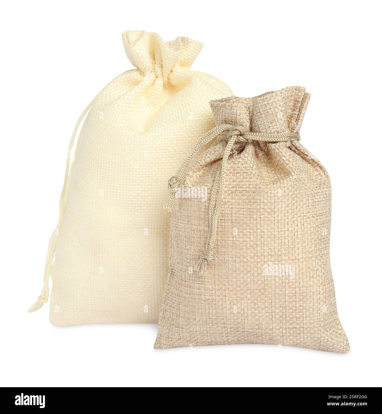 Two beige burlap sacks isolated on white Stock Photo - Alamy