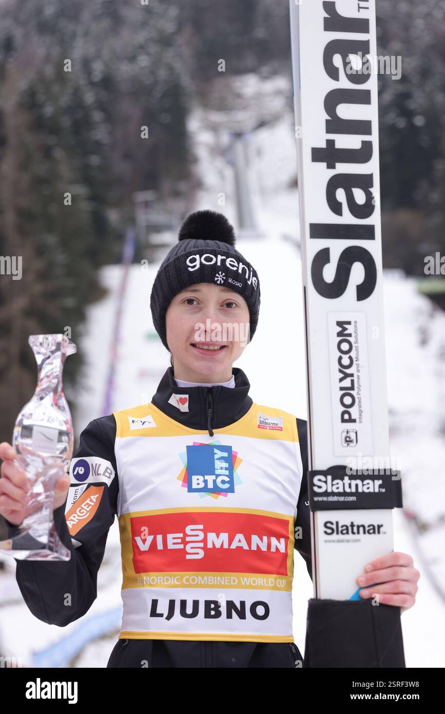 Ljubno, Slovenia. 15th Feb, 2025. Nika Prevc of Slovenia poses with ...