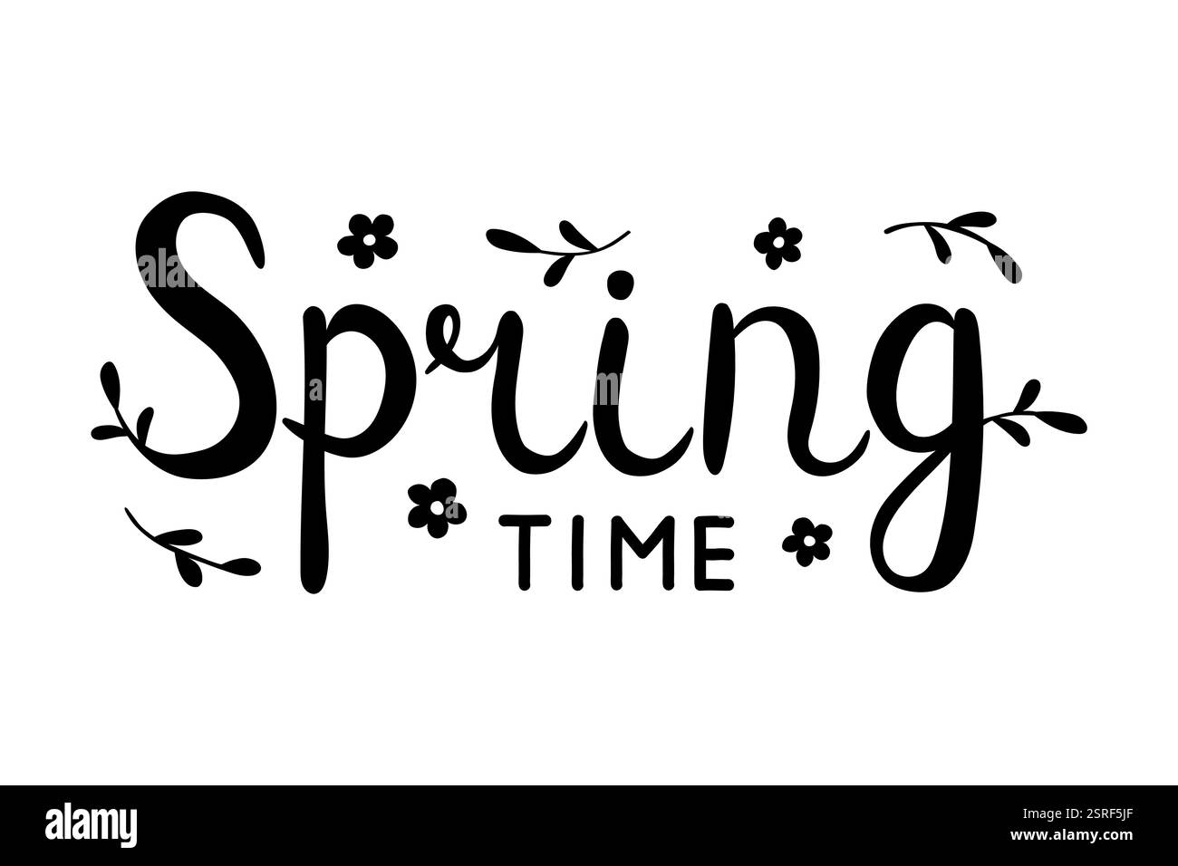 Spring Time lettering with branches flowers and leaves, black and white ...
