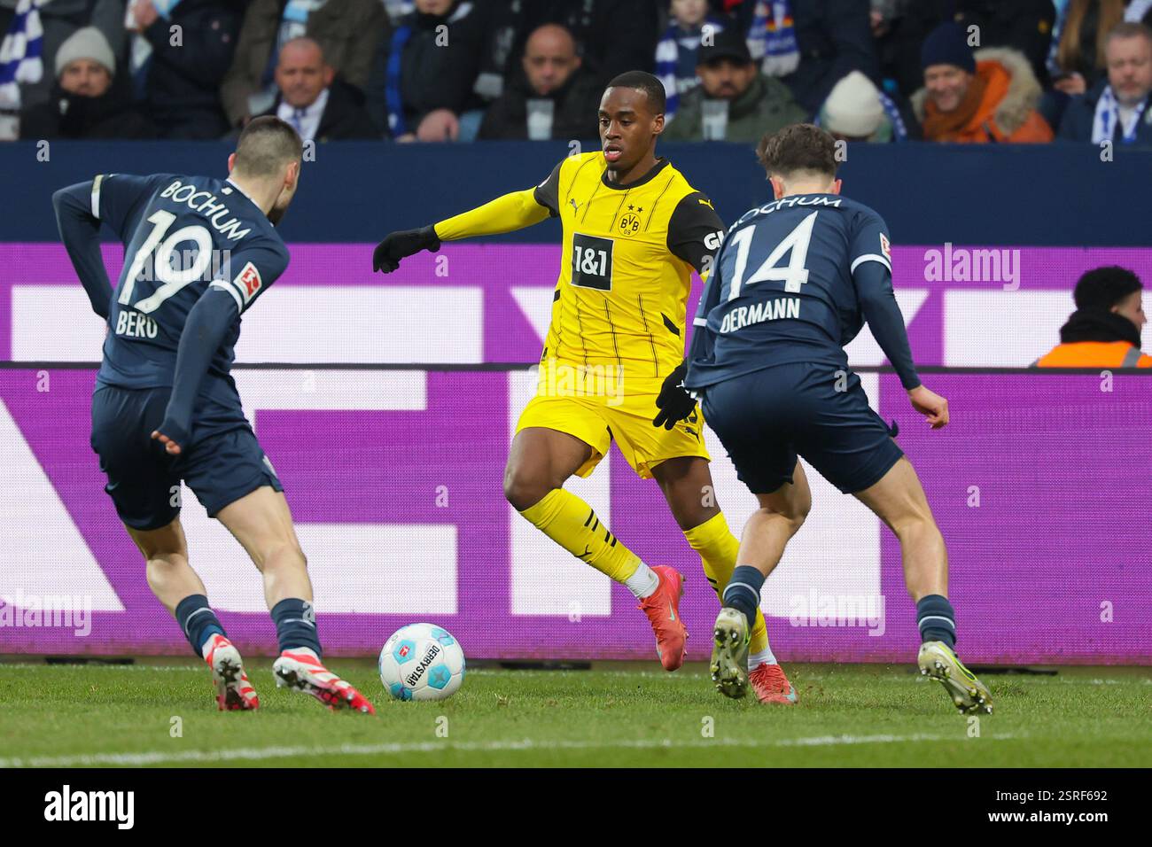 Bochum, Germany. 15th Feb, 2025. Jamie Gittens (C) of Borussia Dortmund ...