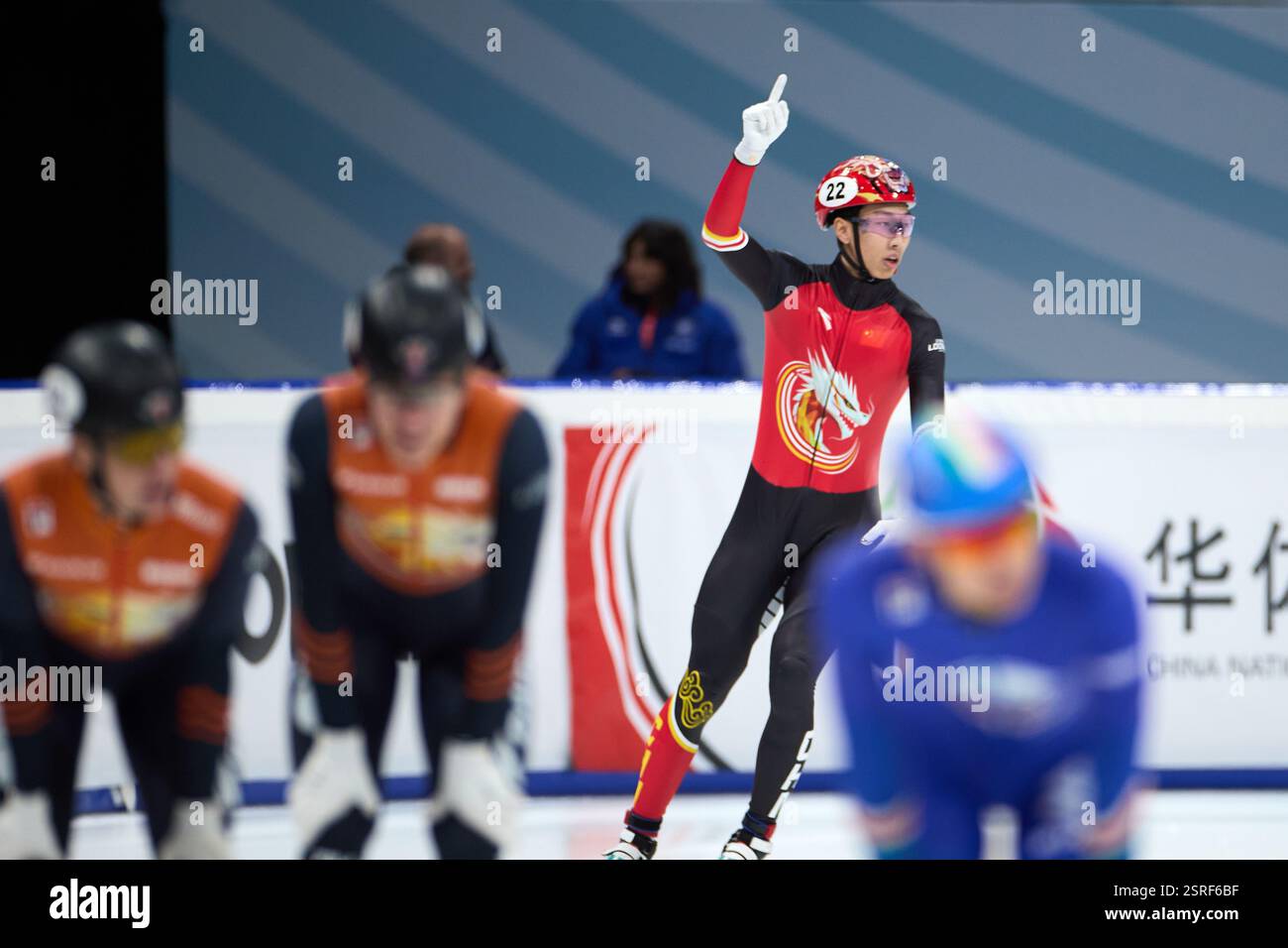 Milan, Italy. 15th Feb, 2025. Sun Long (2nd R) of China celebrates ...