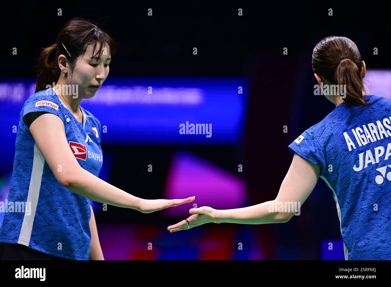 QINGDAO, CHINA - FEBRUARY 15, 2025 - Chinese players CHEN Qing Chen and WANG Ting Ge VS IGARASH ...