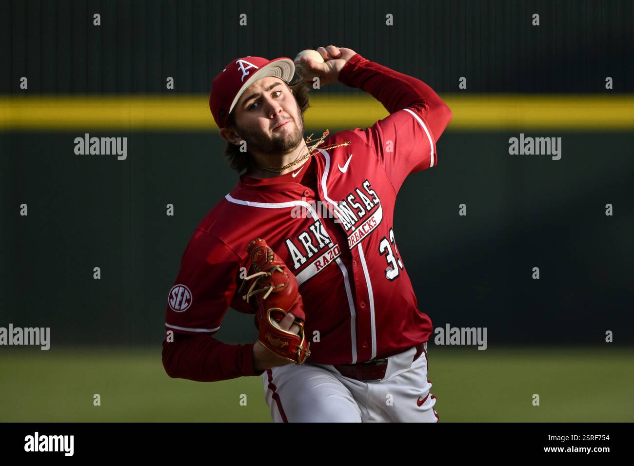 Arkansas pitcher Zach Root (33) throws a pitch against Washington State ...