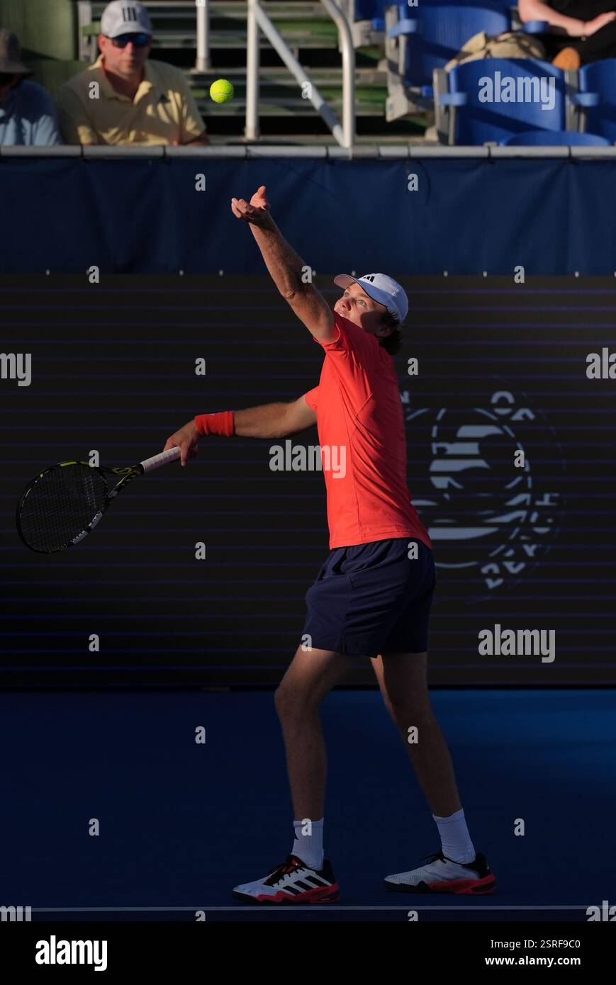 Delray Beach, FL, USA. 15th Feb, 2025. Alex Michelsen(USA) serving here ...