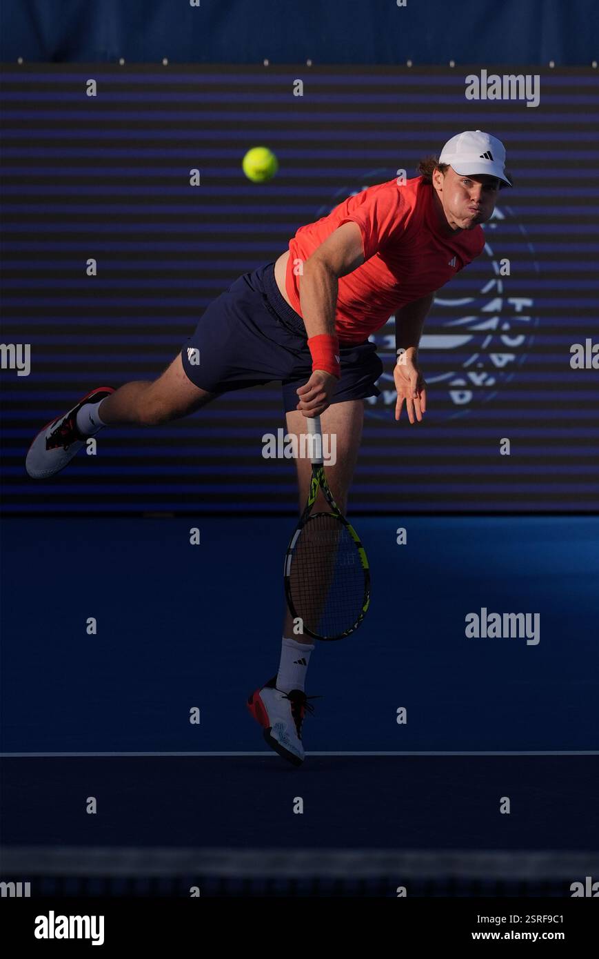 Delray Beach, FL, USA. 15th Feb, 2025. Alex Michelsen(USA) serving here ...