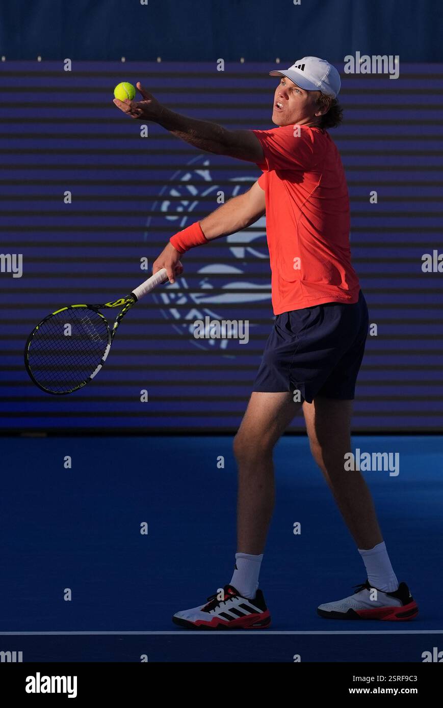 Delray Beach, FL, USA. 15th Feb, 2025. Alex Michelsen(USA) serving here ...