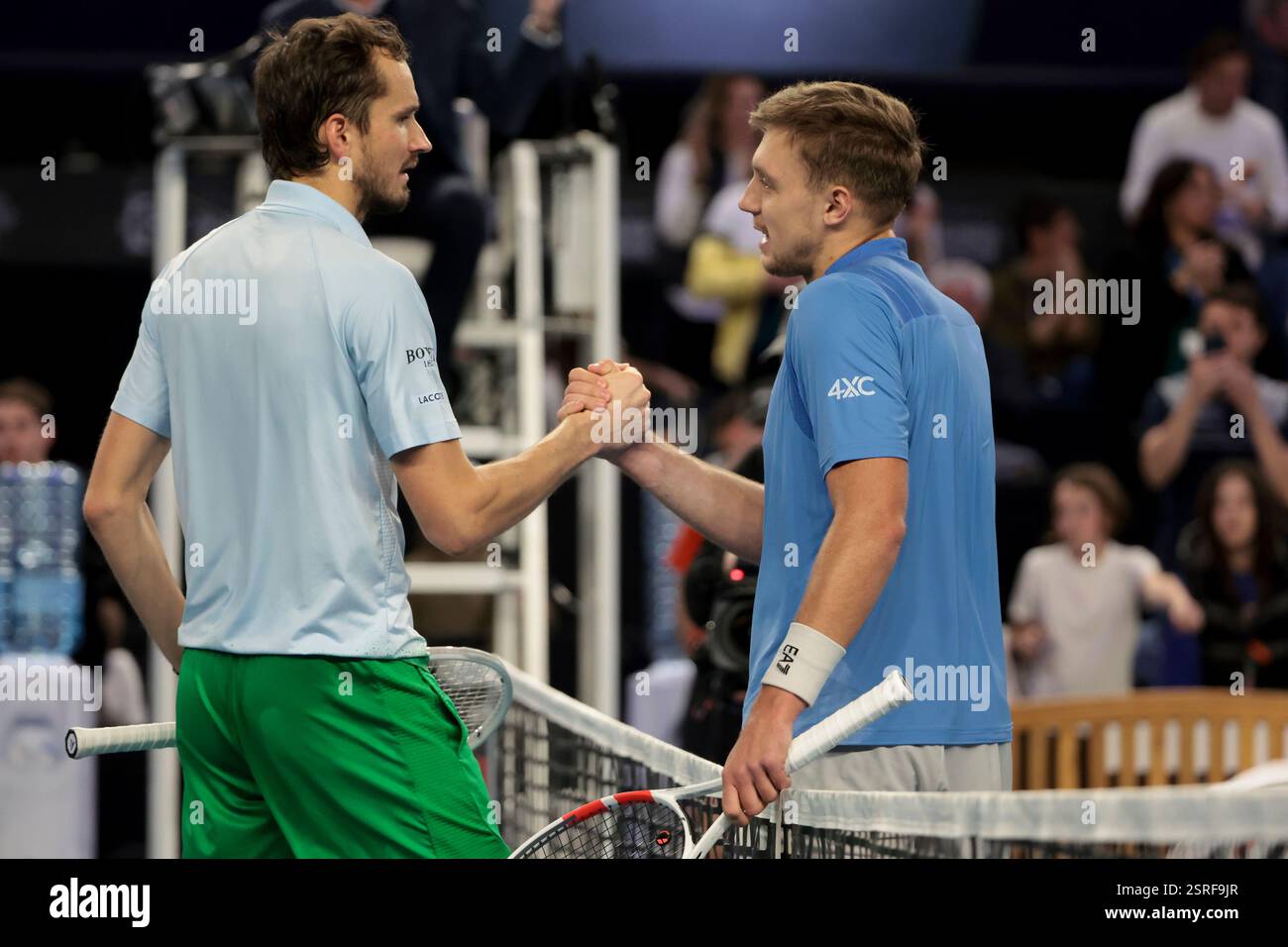 Marseille, France. 15th Feb, 2025. Hamad Medjedovic of Serbia (R) shakes hands with Daniil ...