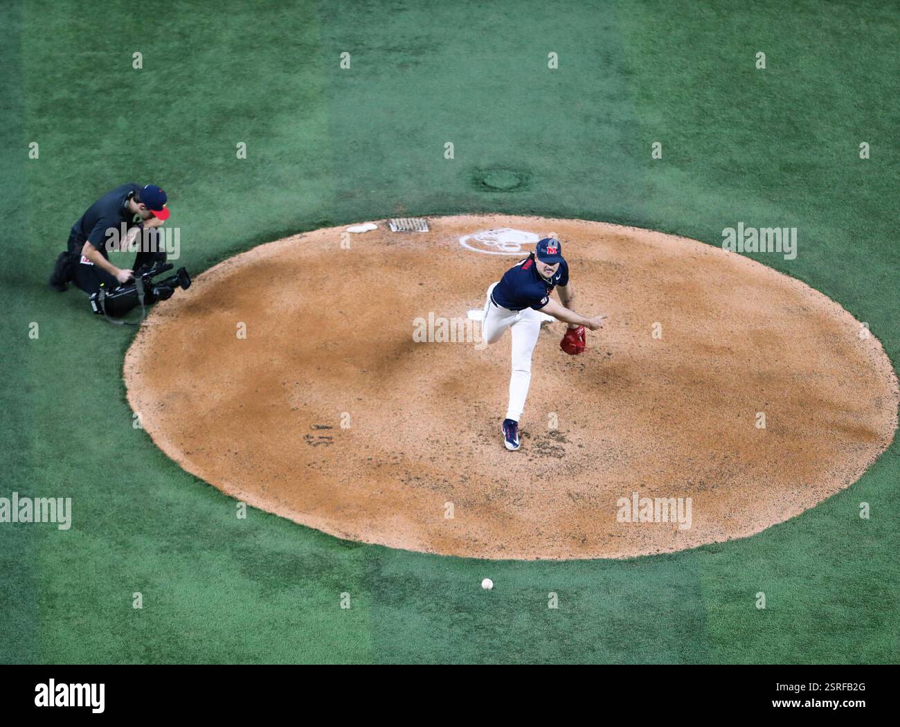Arlington, Texas, USA. 15th Feb, 2025. Ole Miss starting pitcher RILEY ...