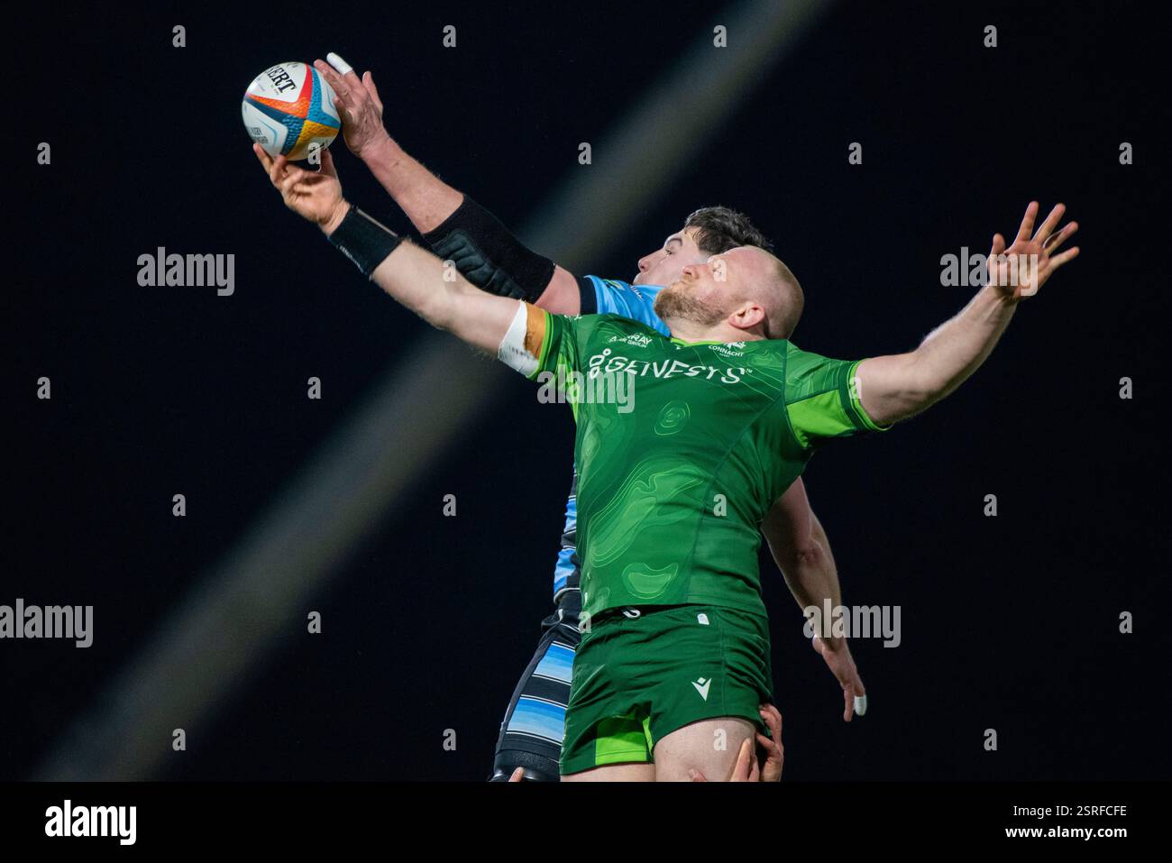 Galway, Ireland. 16th Feb, 2025. Joe Joyce of Connacht fights for the ...