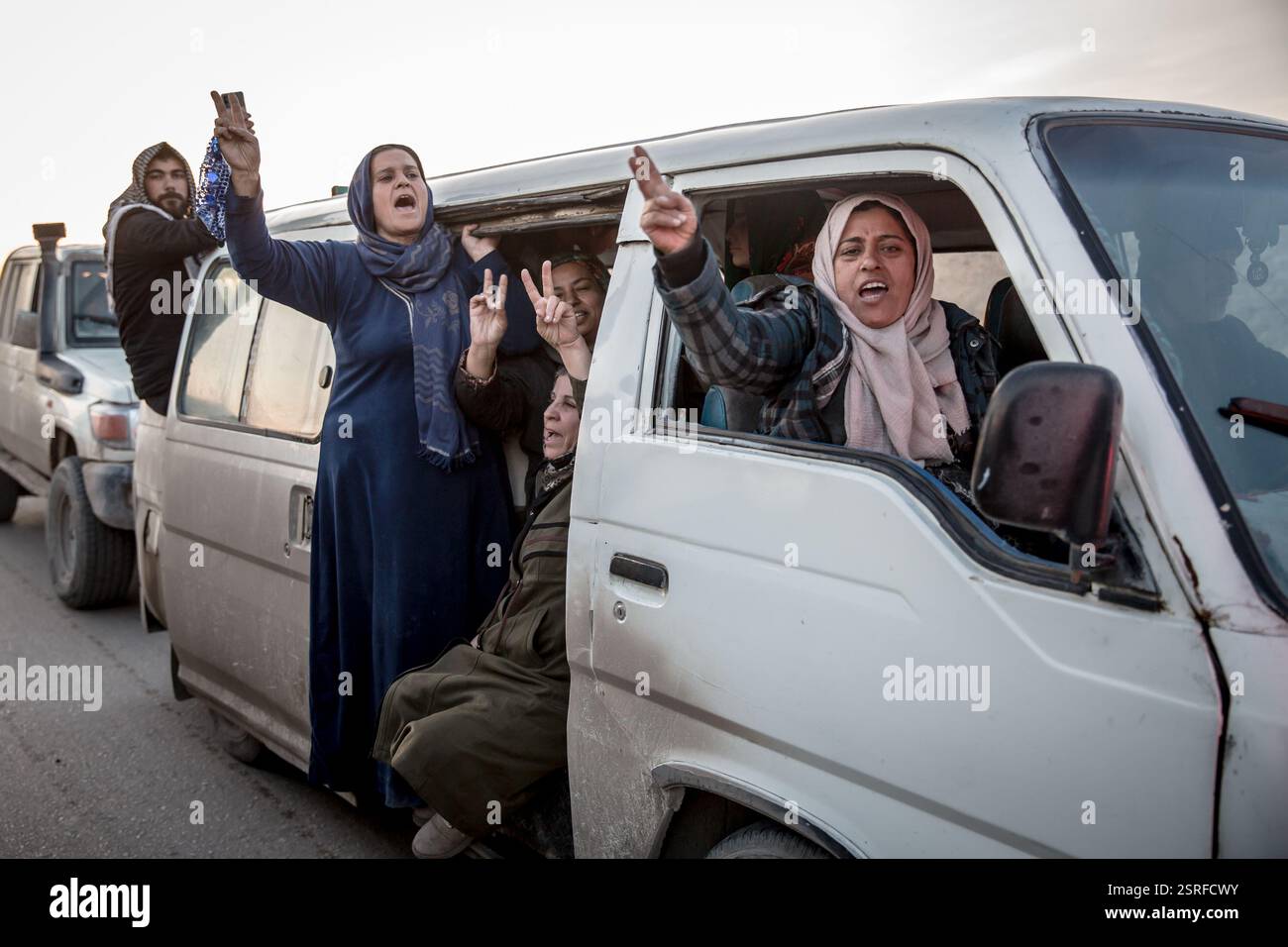 Hasaka, Syria. 15th Feb, 2025. Women who were part of a civilian convoy to the Tishreen Dam are ...