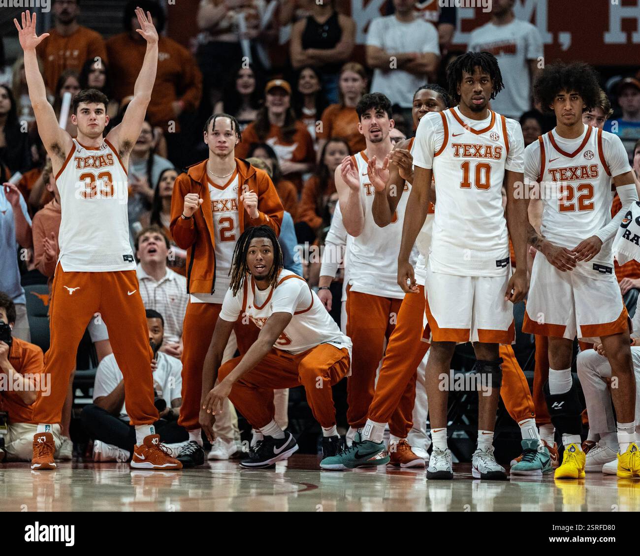 Texas, USA. 15th Feb, 2025. The bench of the Texas Longhorns in action ...