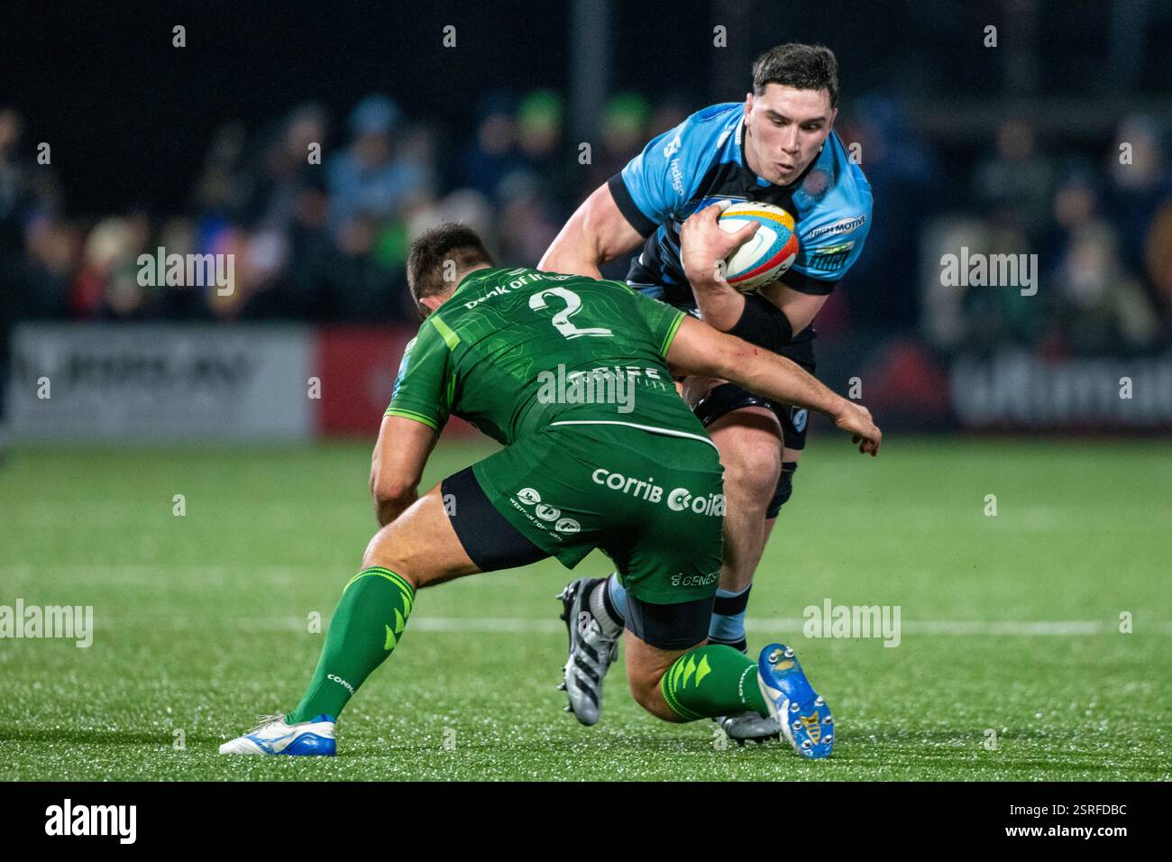 Galway, Ireland. 16th Feb, 2025. Seb Davies of Cardiff tackled by Dave ...