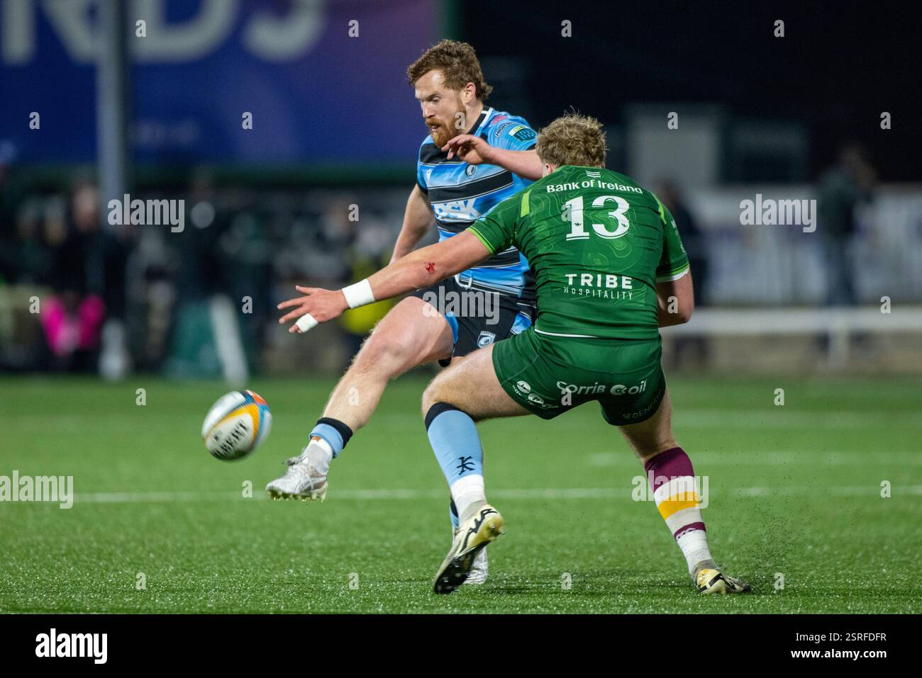 Galway, Ireland. 16th Feb, 2025. Rory Jennings of Cardiff kicks the ...