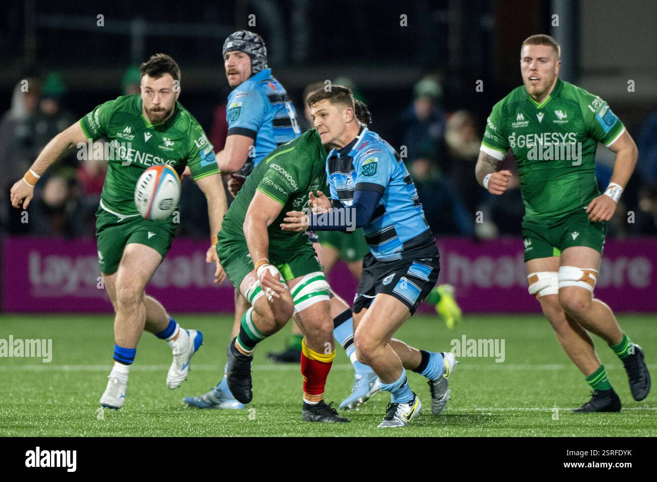 Galway, Ireland. 16th Feb, 2025. Callum Sheedy of Cardiff passes the ...