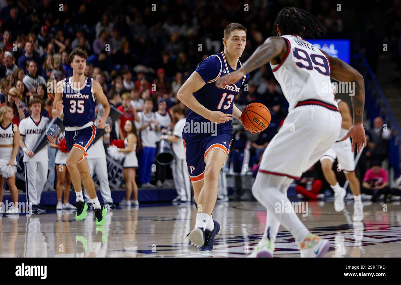 SPOKANE, WA - FEBRUARY 15: Pepperdine Waves forward Dovydas Butka (13 ...
