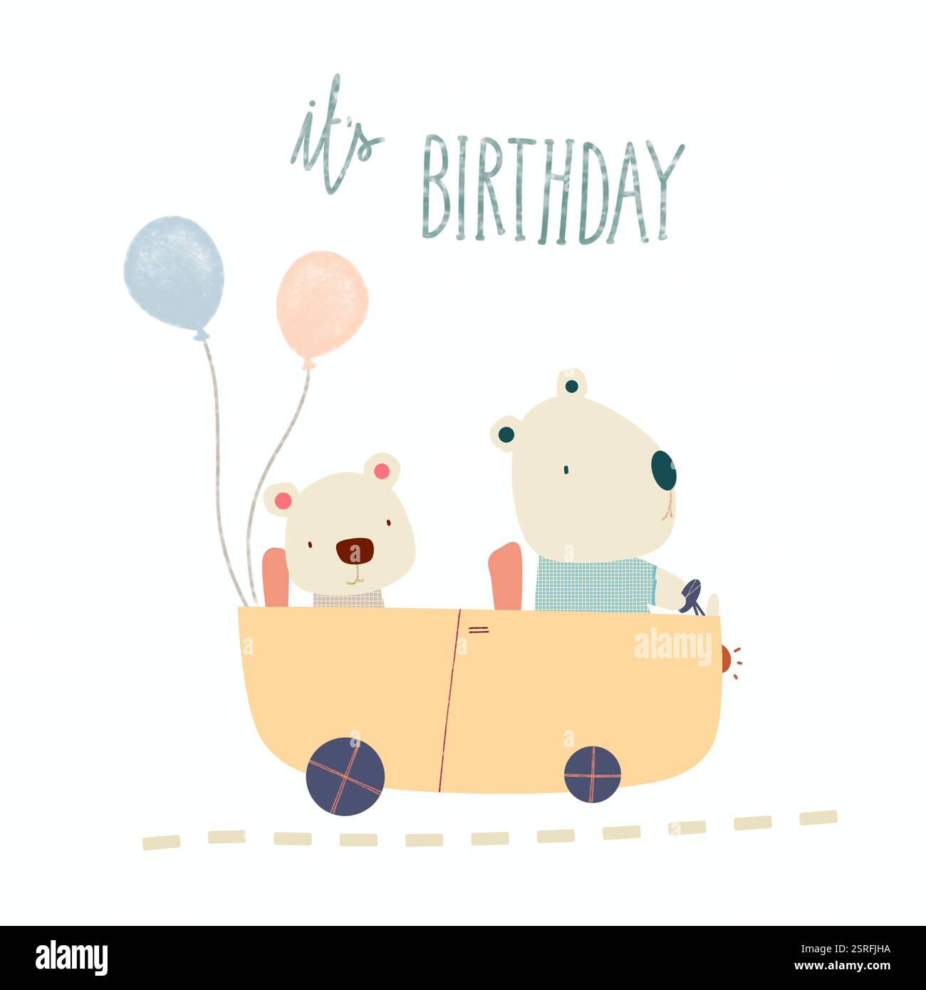 Baby bear in his birthday. Papa bear and baby bear in car illustration Stock Photo - Alamy