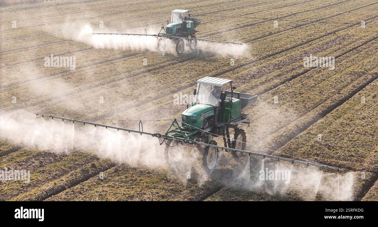 HUAI'AN, CHINA - FEBRUARY 16, 2025 - A farmer sprays herbicide at Baima ...