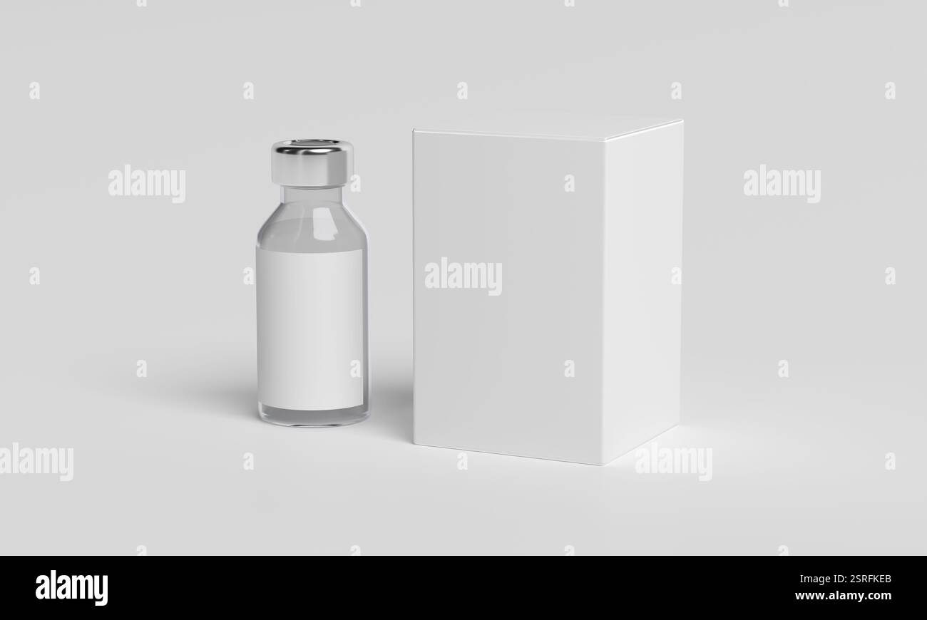 Glass vial and white box mockup, three-quarter view Stock Photo - Alamy