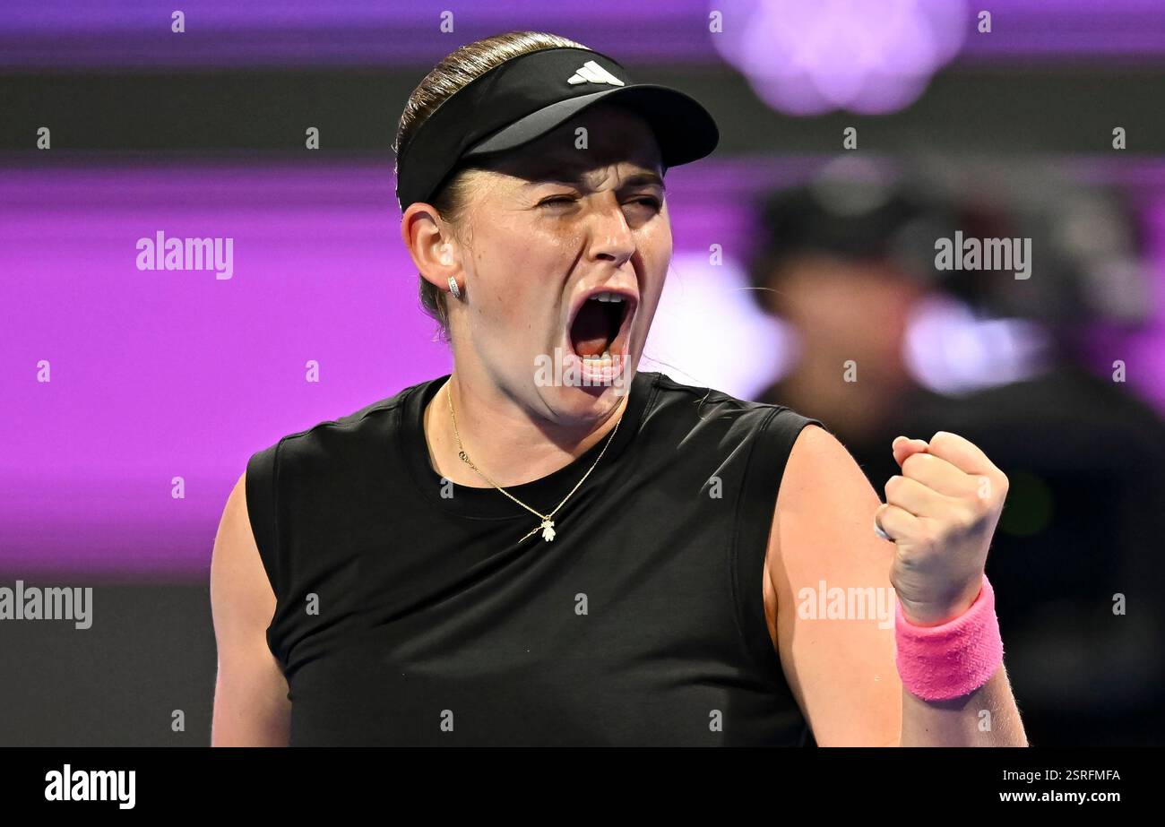 Doha, Qatar. 15th Feb, 2025. Jelena Ostapenko of Latvia reacts during ...