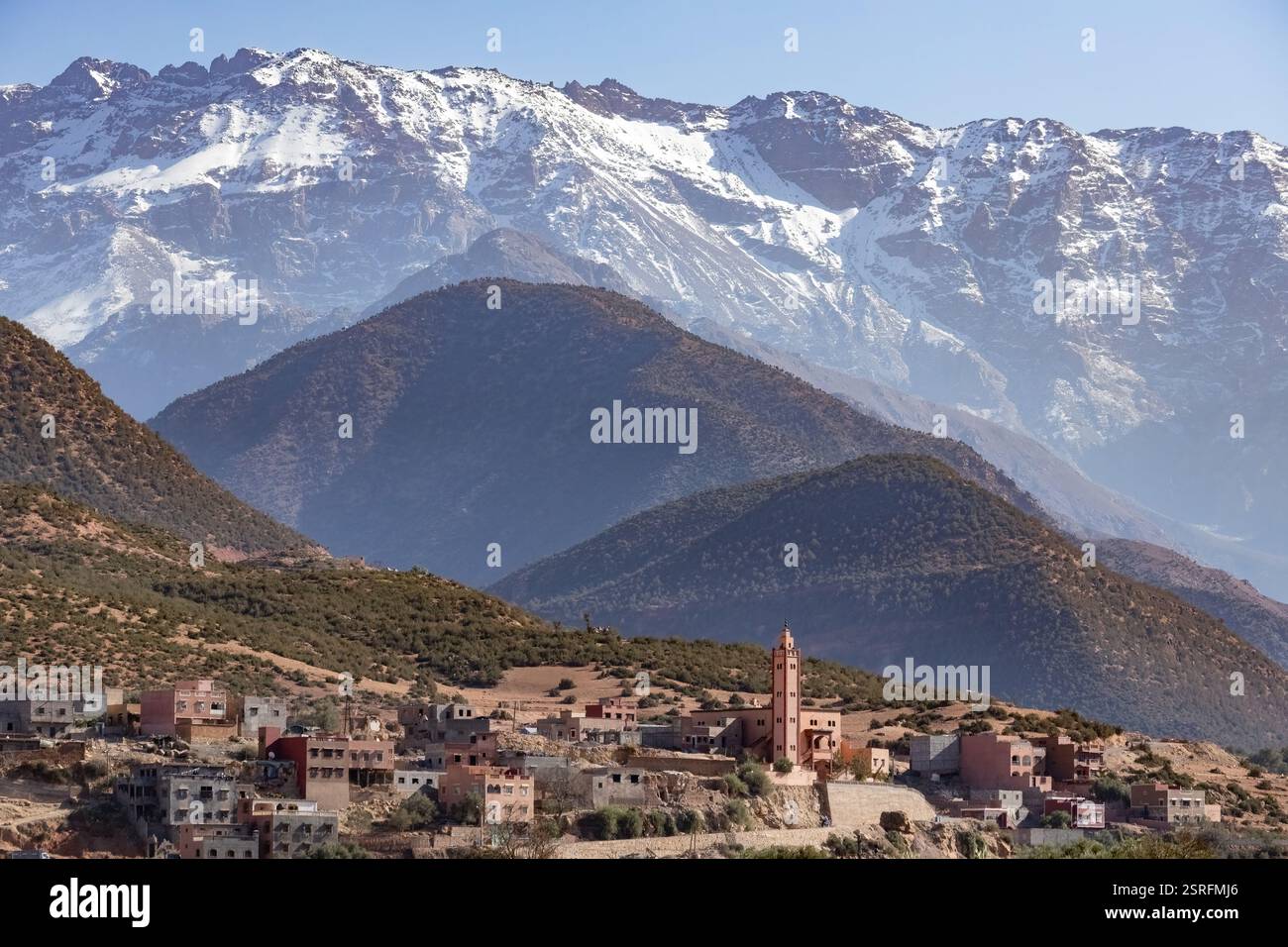 Grand Atlat mountains and Orica valley view with traditional houses and ...