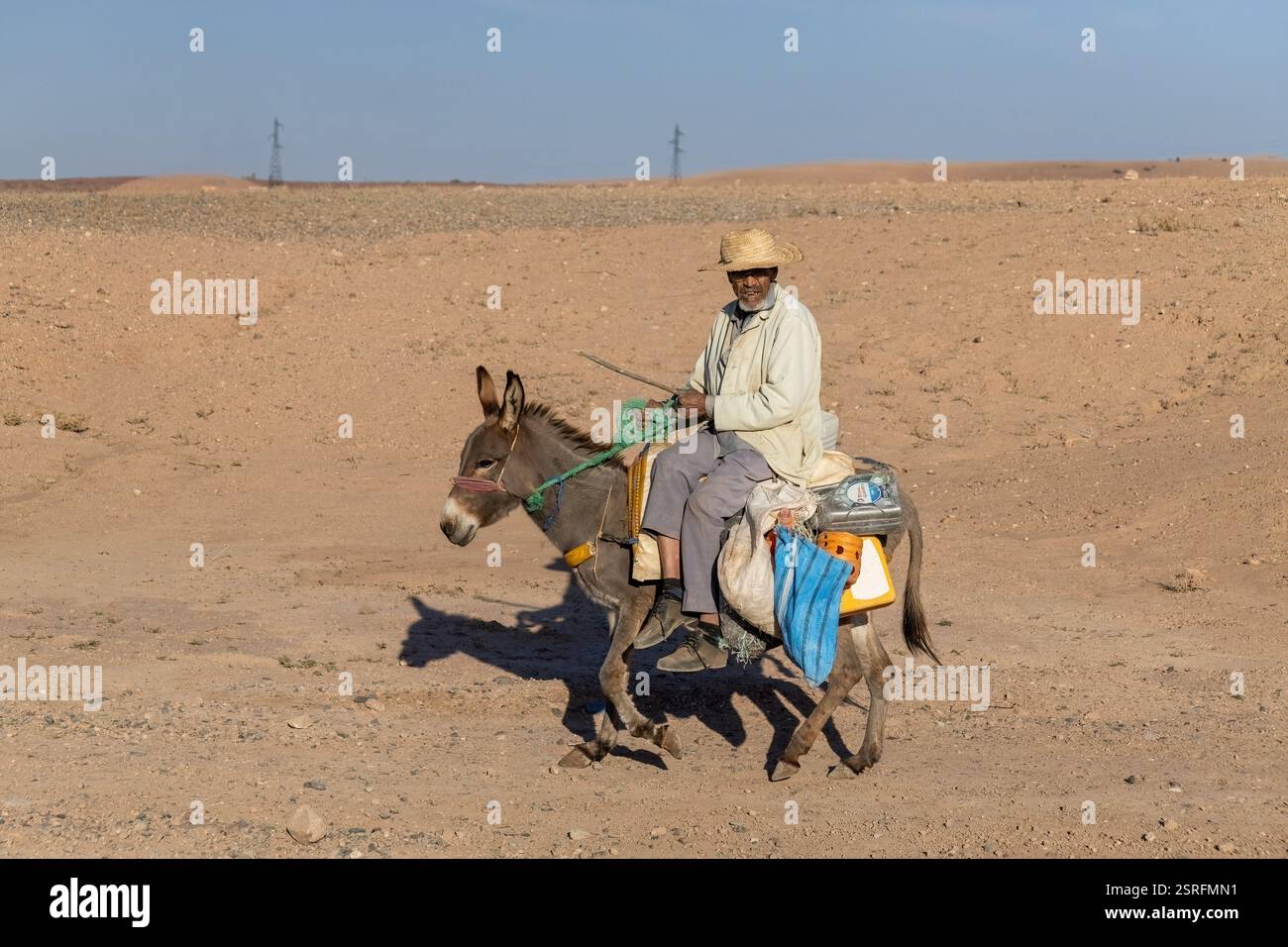 Old Moroccan man riding the donkey in the desert valley on the road in ...