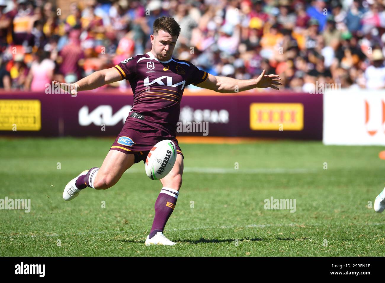 Toowoomba, Australia. 16th Feb, 2025. Jock Madden of the Broncos kicks ...