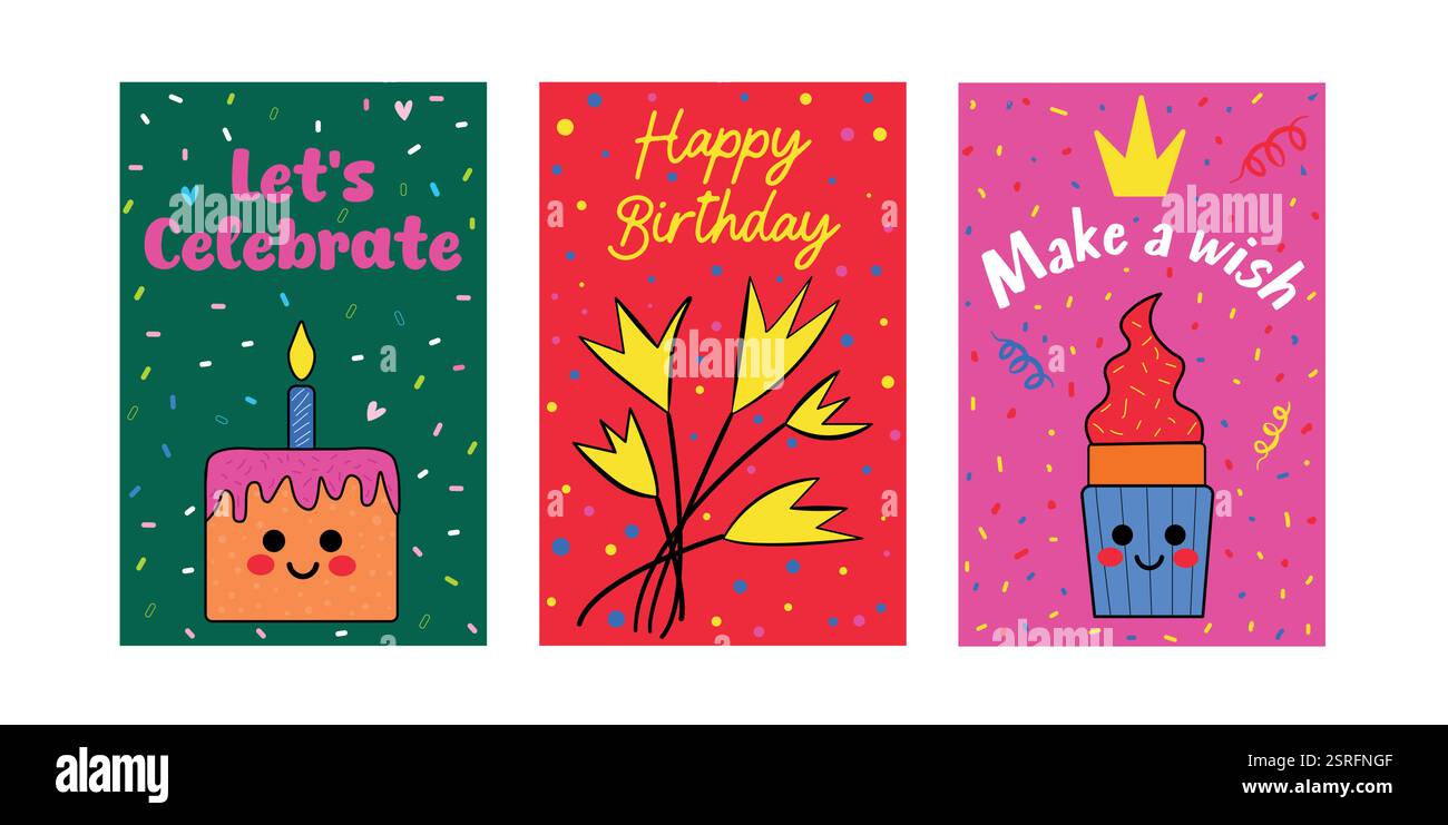 Set of Three Vibrant Birthday Cards with Cheerful Illustrations and ...