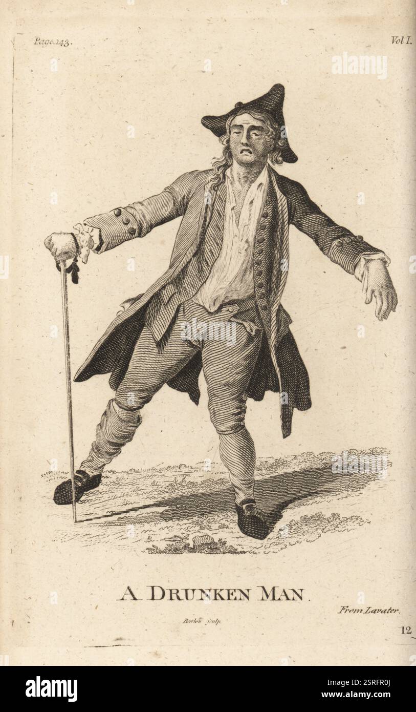 Drunken man staggering with cane. Eyes closed, mouth open, disheveled ...