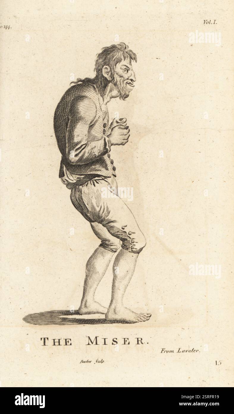 Figure of the Miser exemplifying sordid avarice. Small sunken eyes ...