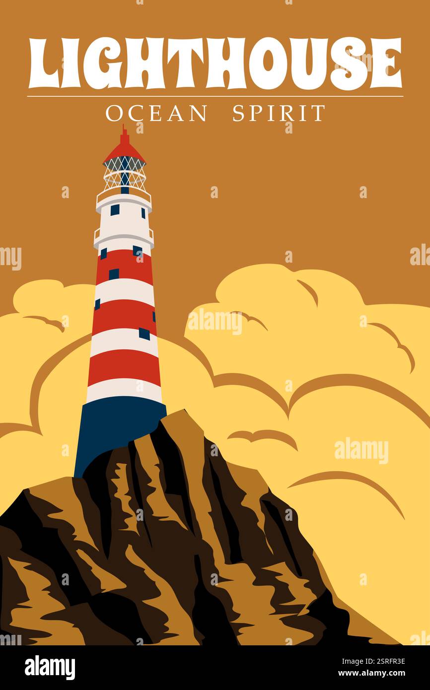 Vintage Poster Lighthouse tower, beacon on seashore ocean Stock Vector ...