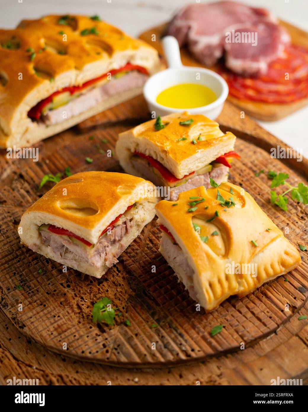 Spanish Hornazo. Traditional Spanish pie filled with Iberian pork loin ...