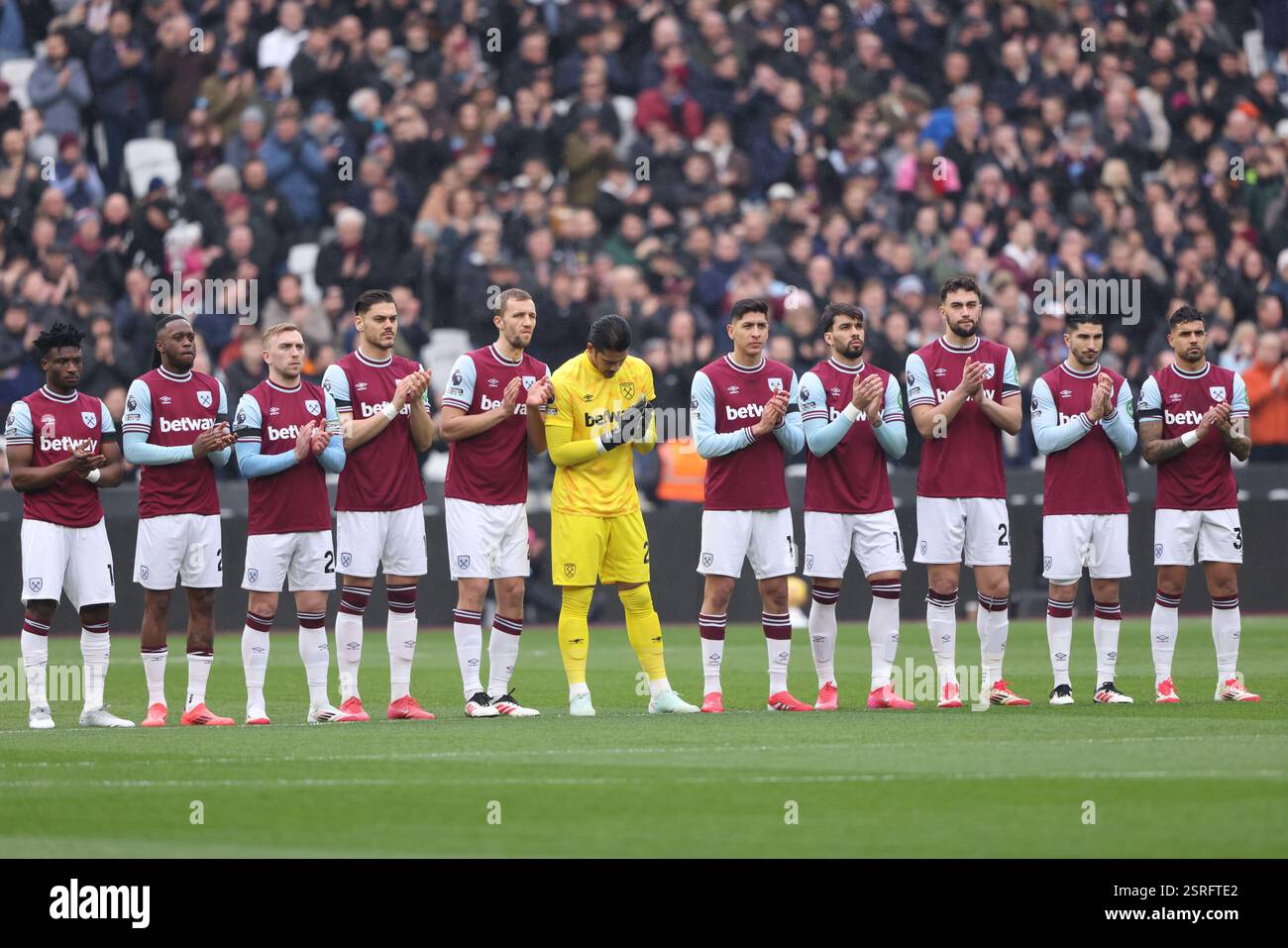London, UK. 15th Feb, 2025. West Ham players during the minutes ...