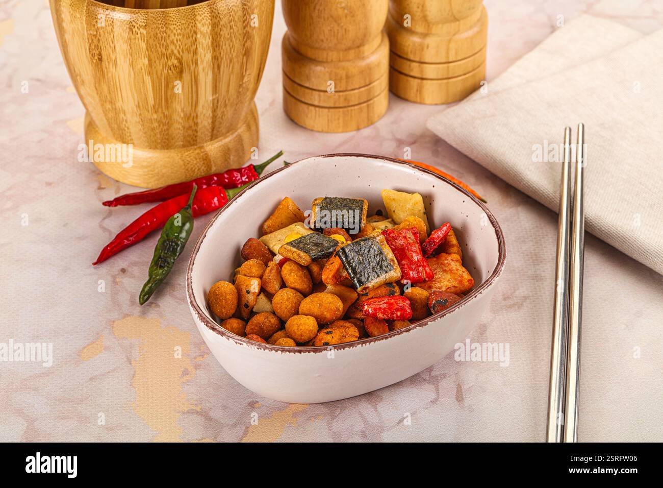 Japanese snack - Chili mame arare rice spicy cracker Stock Photo - Alamy