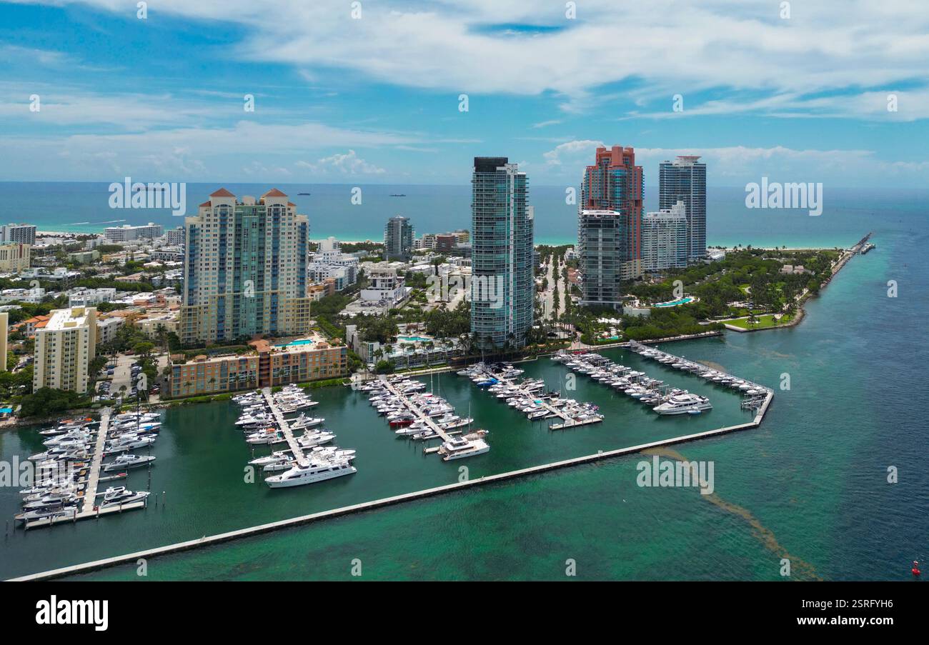 Aerial view of Miami Beach with turquoise waters. Drone shot of Miami ...