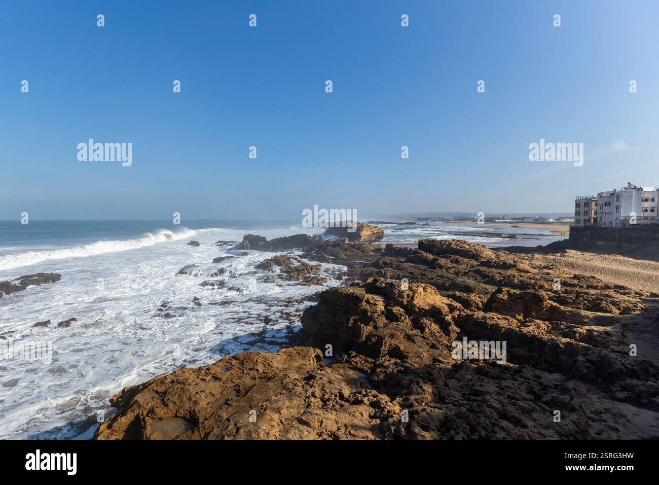 Atlantic ocean view with big waves and cliffs from Essaouira town ...