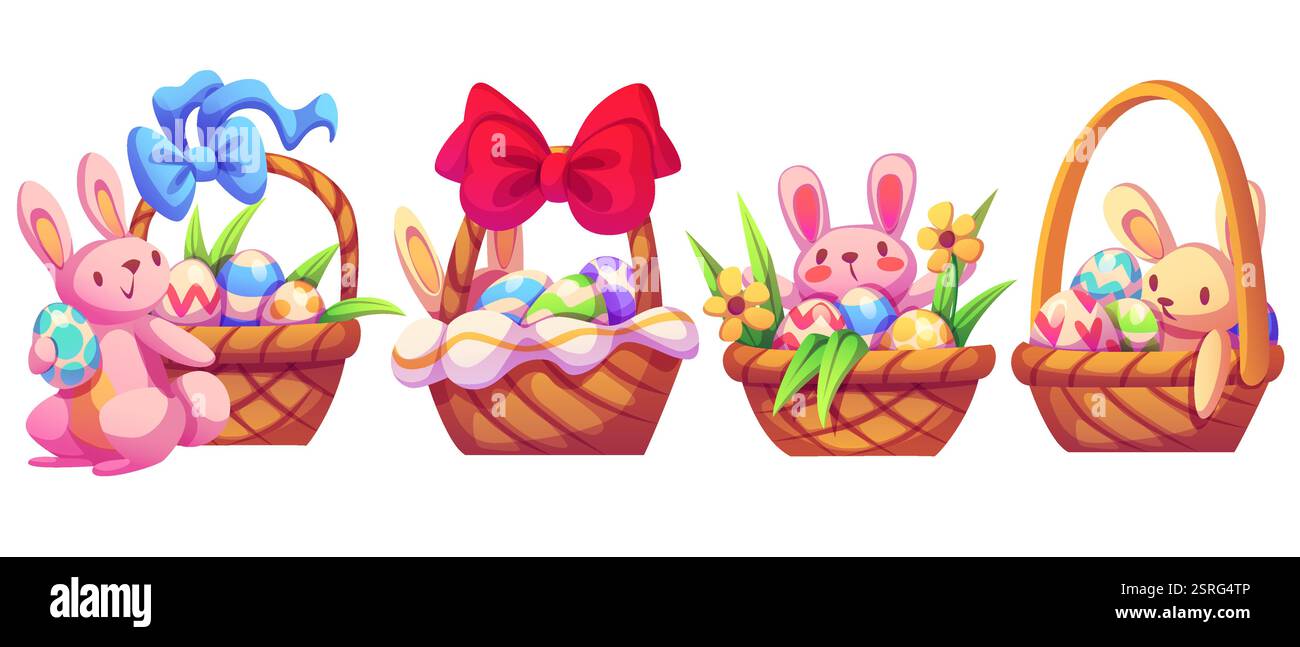 Easter baskets with eggs and cute bunnies set isolated on white. Vector ...