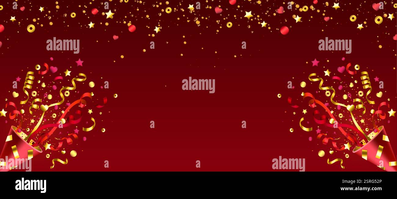 Party popper explosion with red and golden confetti on scarlet ...