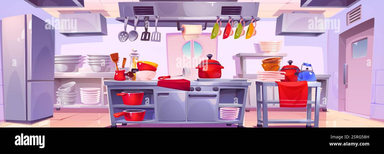 Restaurant kitchen cartoon with professional cooking equipment ...