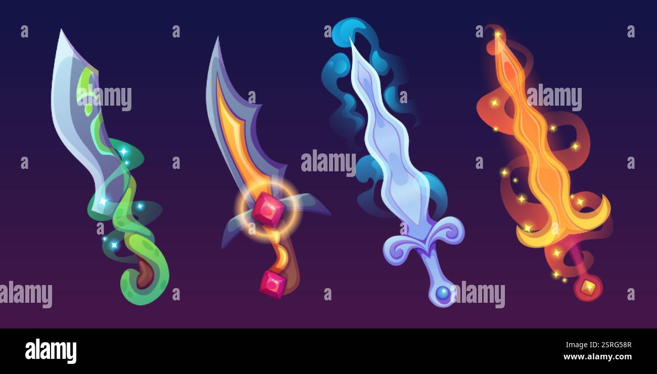 Magic game swords set isolated on background. Vector cartoon illustration of medieval weapons ...