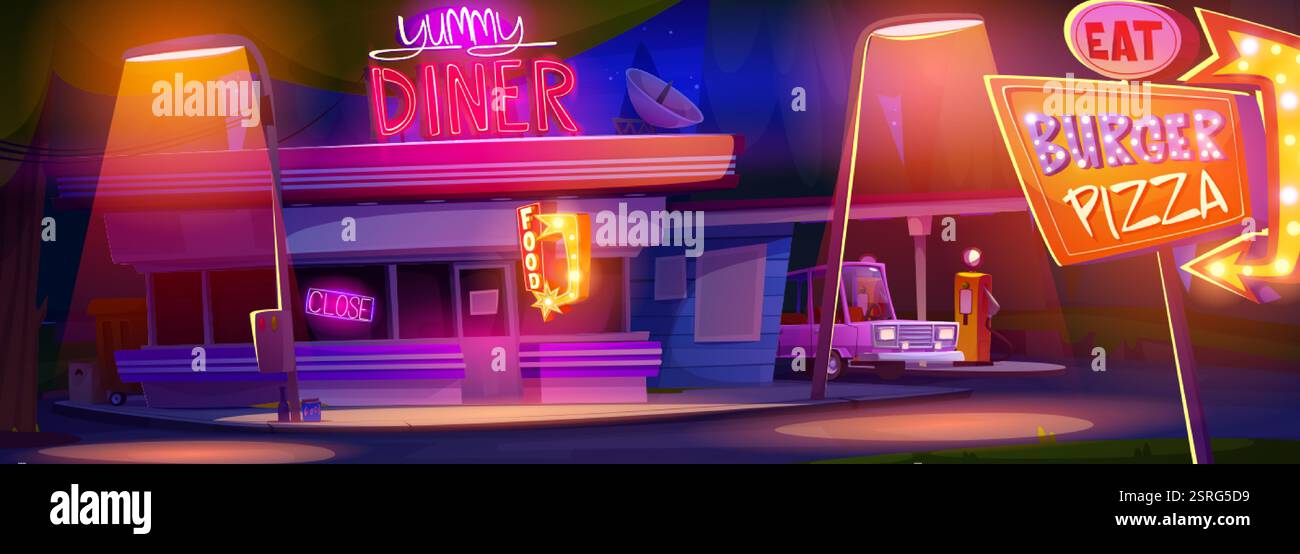 Cartoon night diner cafe with bright neon lights - glowing signage ...