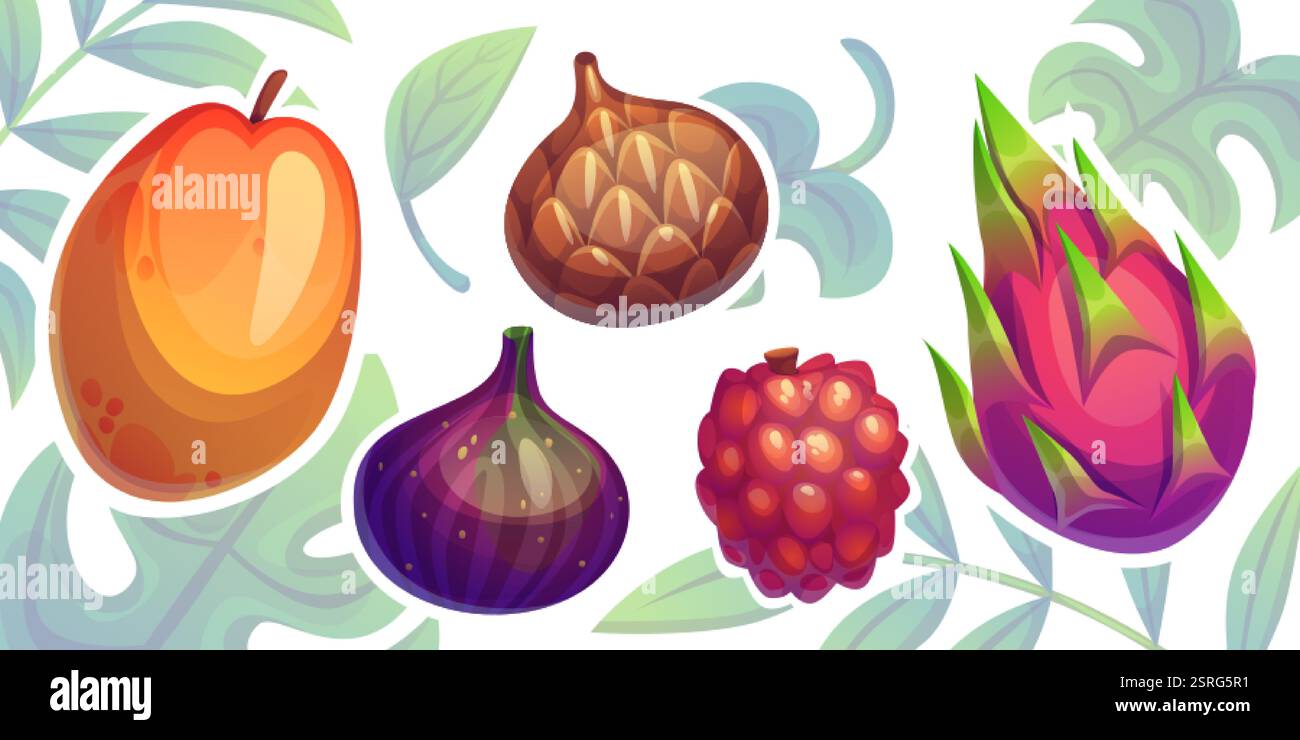 Tropical fruits composition with orange mango, brown artichoke, purple ...