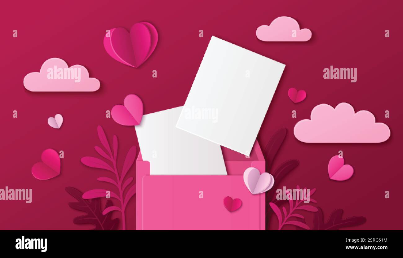3d love letter composition - pink envelope with blank white papers ...