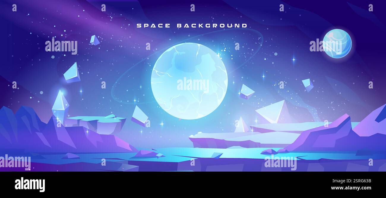 Space landscape cartoon with glowing celestial bodies - bright moon ...