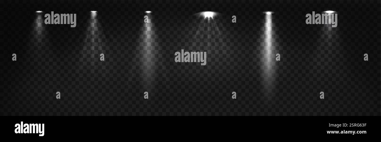 Spotlight beam set on transparent background - bright illuminated rays ...