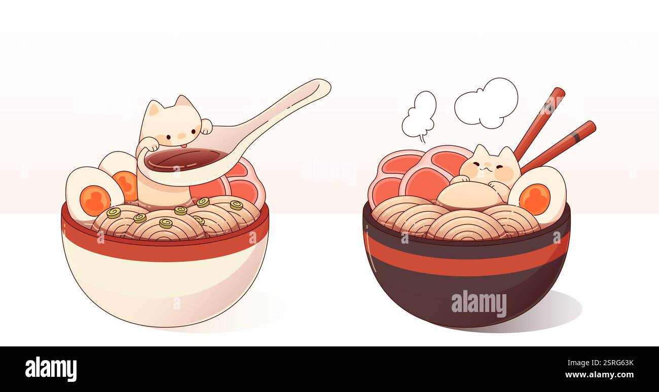 Cat eating ramen noodles set isolated on white. Contemporary vector ...