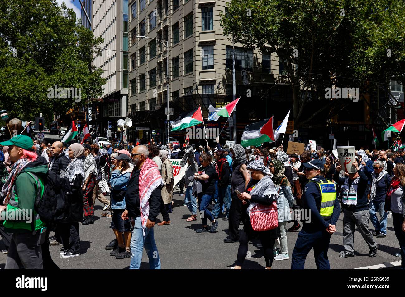 Protesters holding Flags march through the CBD during the rally. The ...