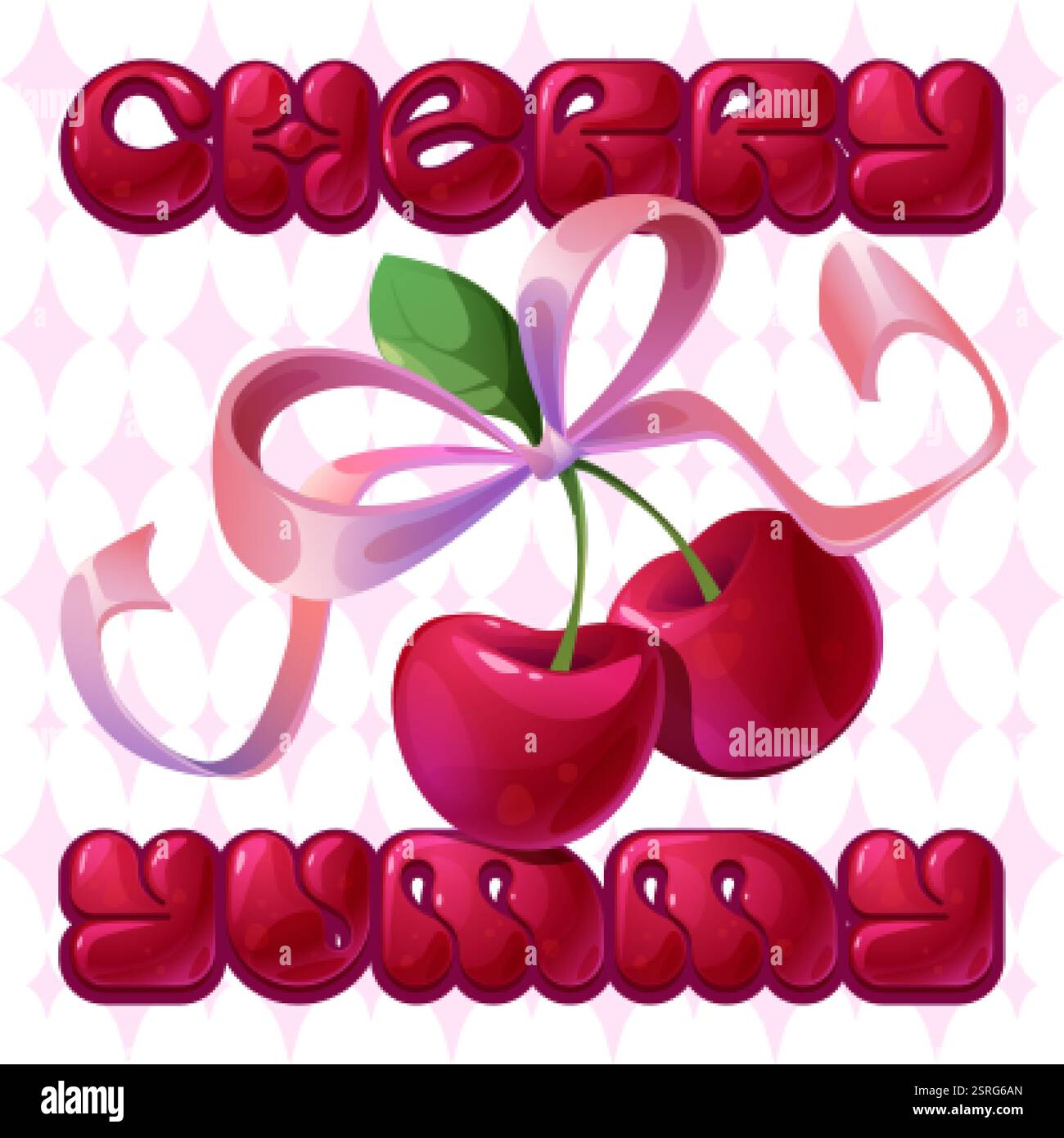 Cherry Yummy text design with ripe red berries and pink ribbon bow ...