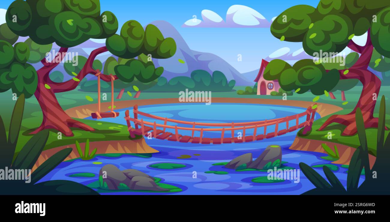 Rural pond scene with wooden hanging bridge with rope railings crossing ...